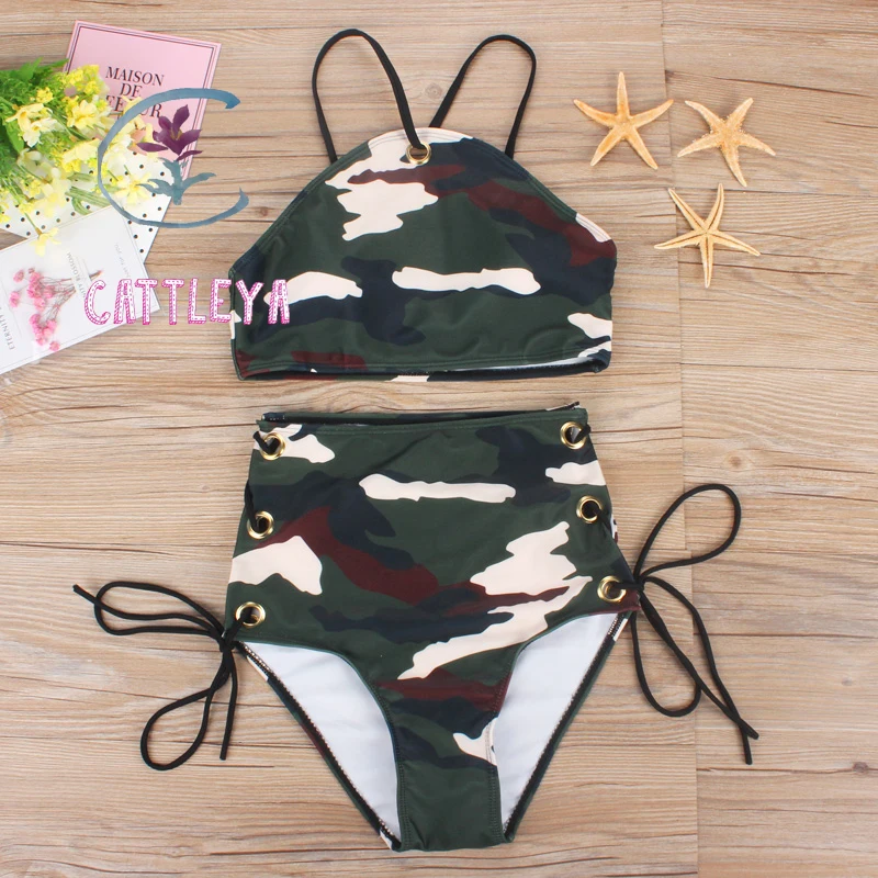 Camouflage Bikini High Waist Swimsuit High Neck Swimwear Camo Bandage ...