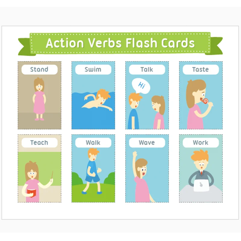 4Pcs/Set English Action Verbs Word Cards A4 Flash Card Preschool ...