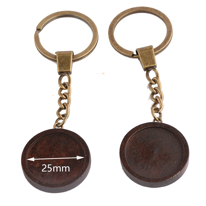 Onwear 3pcs 25mm Round Wood Cabochon Keychain Settings Metal Keyring Accessories Diy Blank