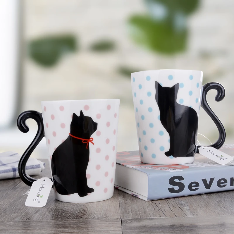 Cute Black Cat Ceramic Coffee Cup Creative Cat Tail Handle Couple Cups ...