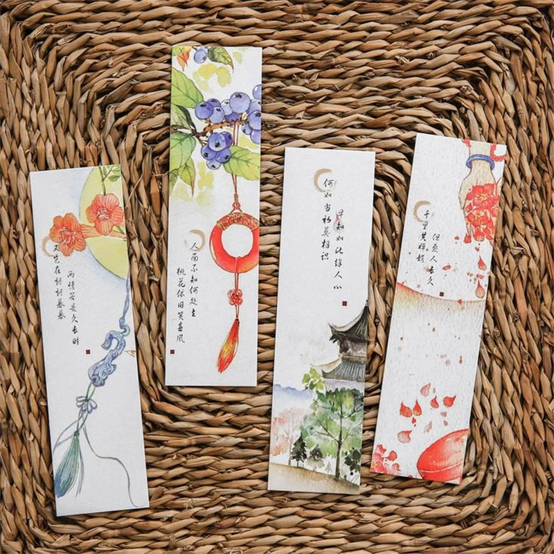Vintage Chinese Style Ancient poetry Bookmark flower Ink painting ...