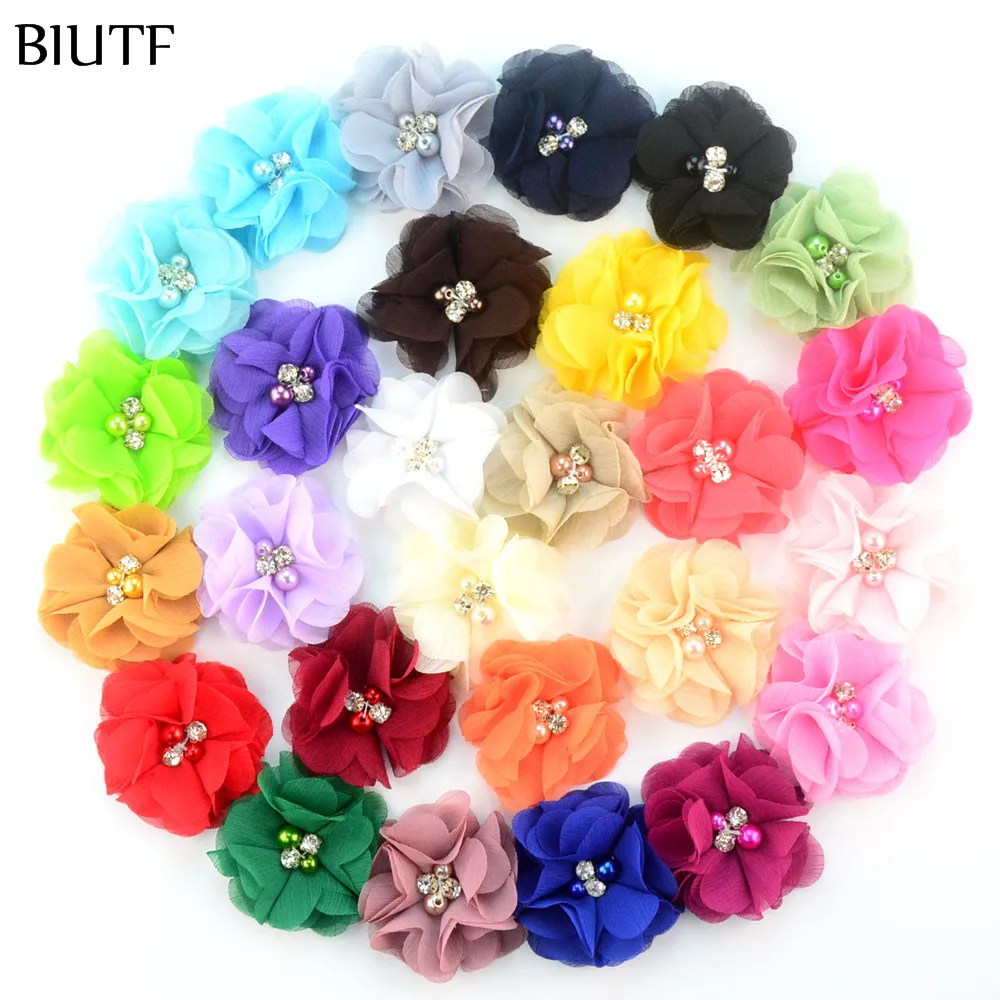 140PCS 2" Cute Tiny Chiffon Flowers With Rhinestone Pearl Kids Girls ...