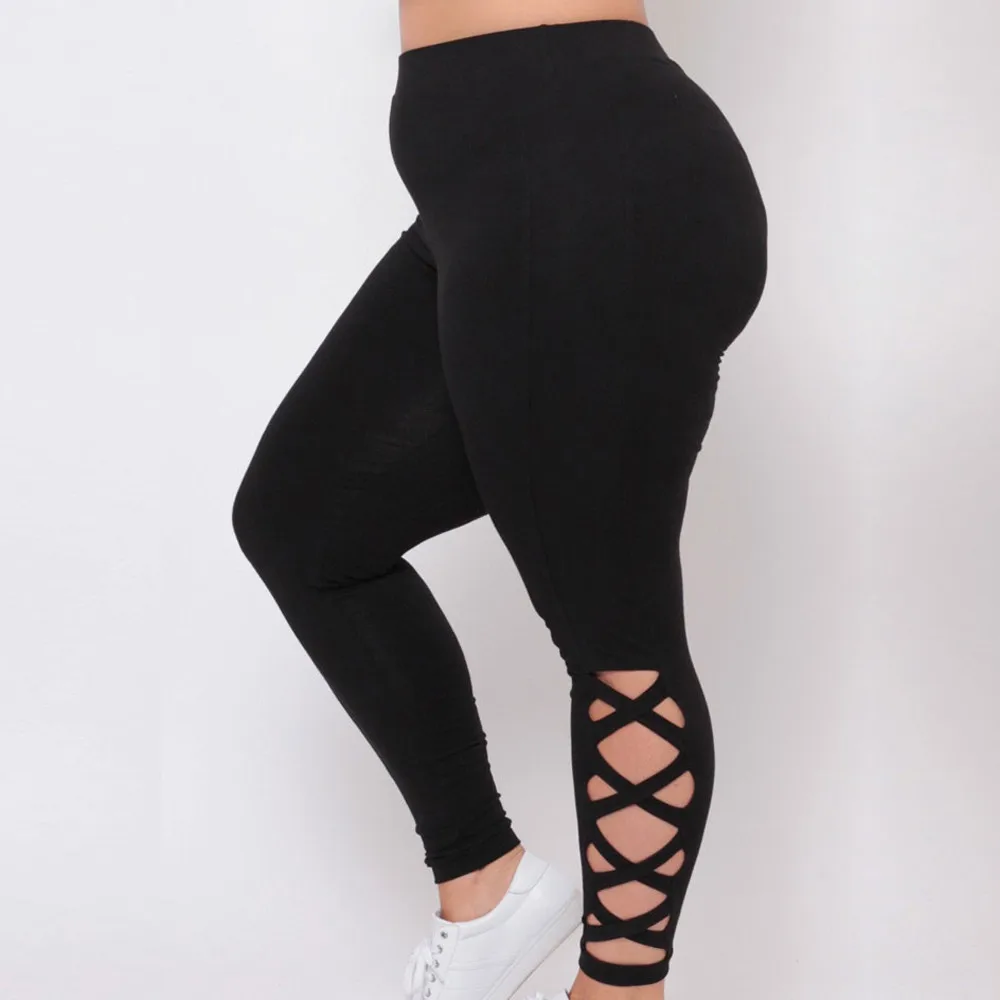 2018 Fashion Women Plus Size Elastic Leggings Solid Criss Cross Hollow