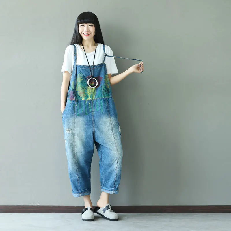 Women Loose Spaghetti Strap Denim Pants Ladies Loose Printed Jumpsuits ...