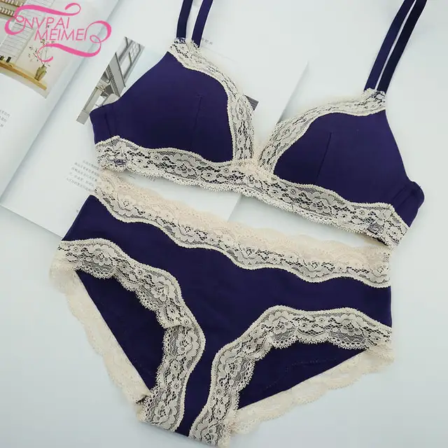 Nvpaimeimei New Arrival Cotton Lace Bra Set 6 Colors Sexy Lingerie Set Comfortable Wire Free