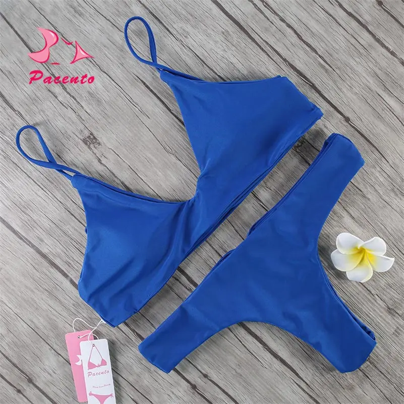 Pacento Bikinis Set Solid Thong Bikini Push Up Bra Red Swimsuit Women