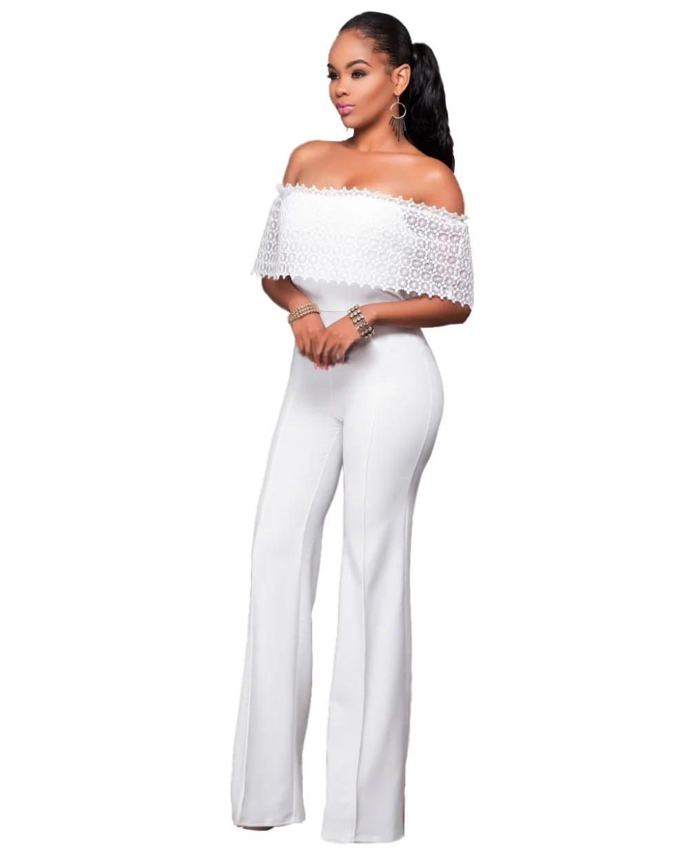 Women Ruffles Lace Party Jumpsuit Sexy Black White Off Shoulder Wide