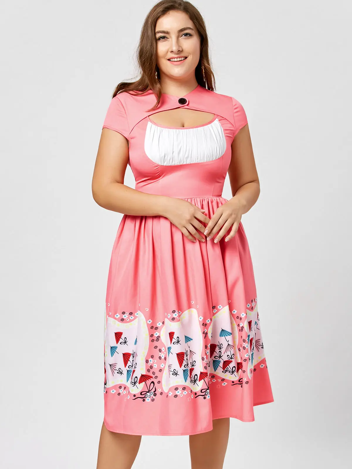 Gamiss Plus Size Cut Out Printed Midi Dress Vintage Retro Polka A Line