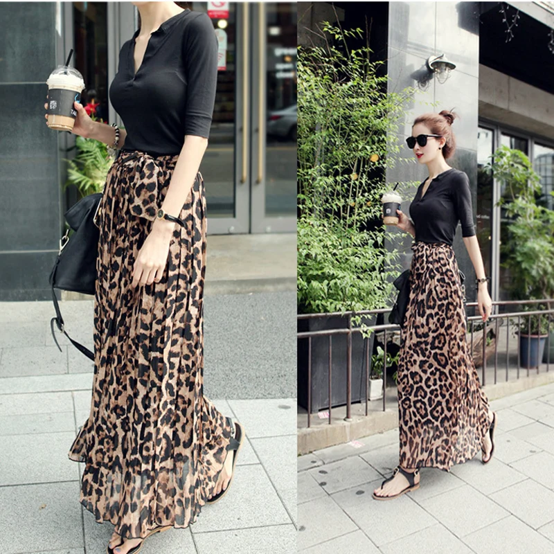 2017 Spring New Women Satin Leopard Print High Waist Pleated Long Puff