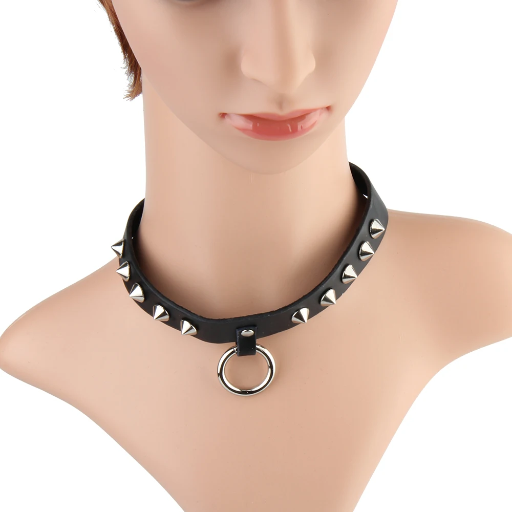 Seanuo 2017 Sharp Rivet Leather Choker Necklace With Circle Slave Harness Bdsm Collar Necklace
