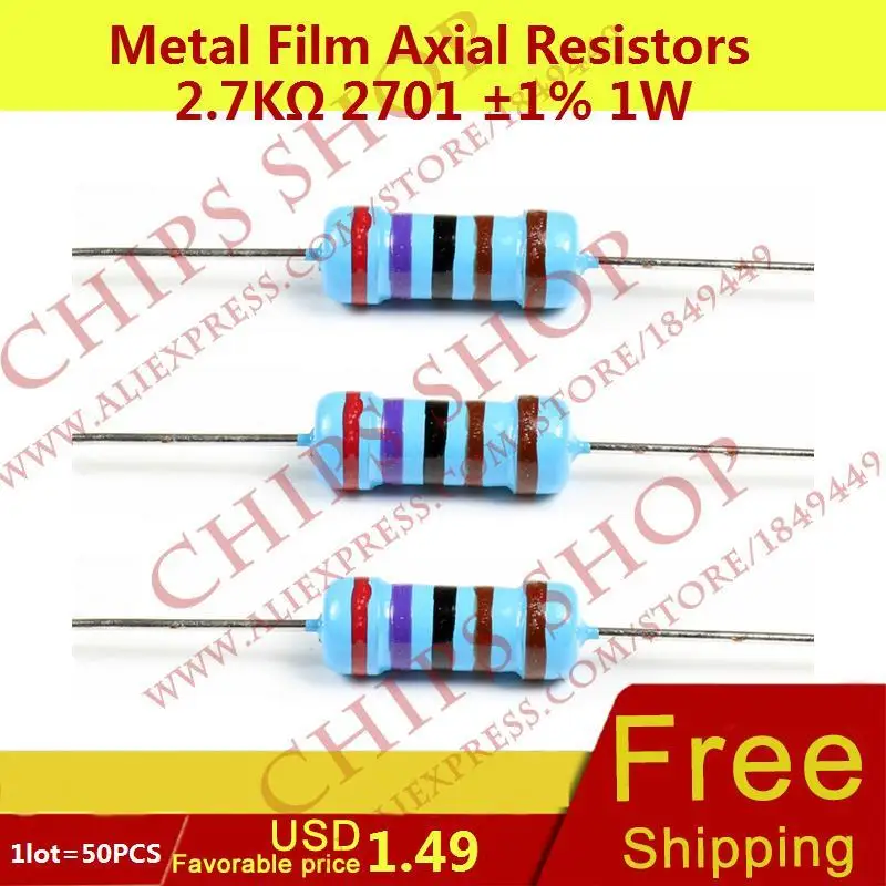 1LOT=50PCS Metal Film Axial Resistors 2.7Kohm 2701 1% 1W 2700ohm ...