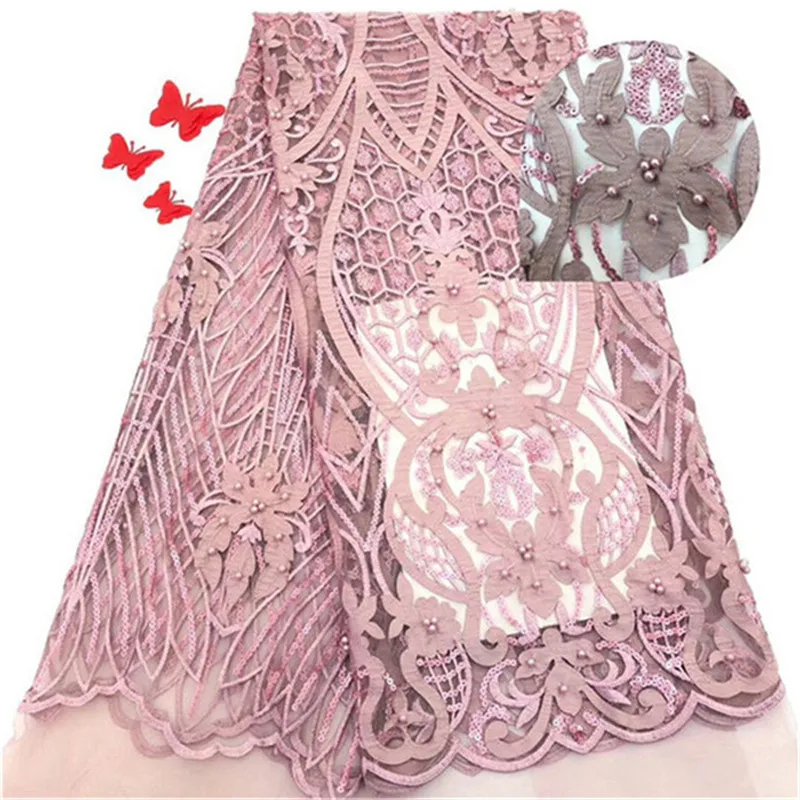 African French Net Lace Fabric With pink green beads Flower Embroidered ...