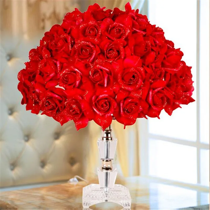 Fashion Romantic Handmade Fabric Red Roses Crystal Led E27 Table Lamp ...