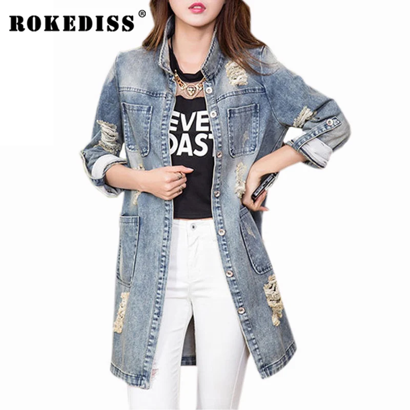 Loose Long Ripped Ladies Denim Women Coats Fashion Holea Large Pockets ...