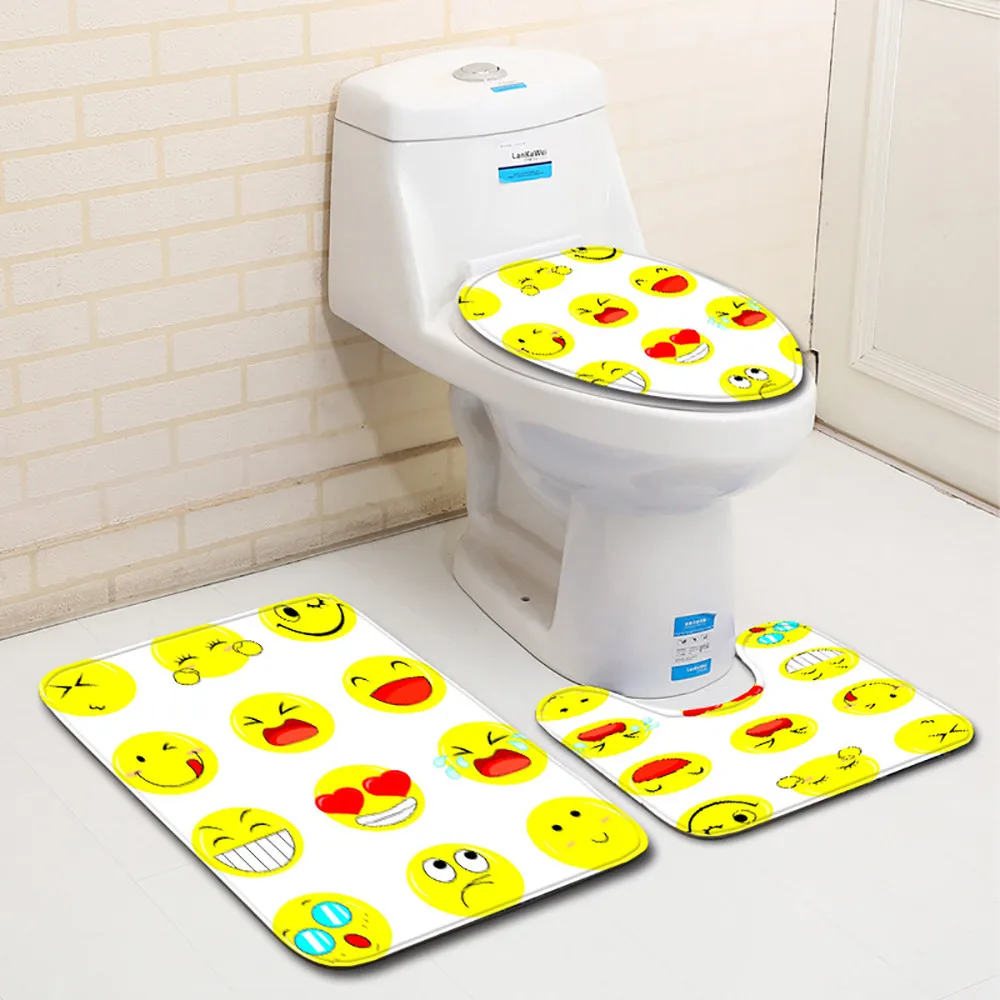 3pcs Non Slip Bath Mat Bathroom Mat Set Cartoon Emoji Bathroom Carpet ...