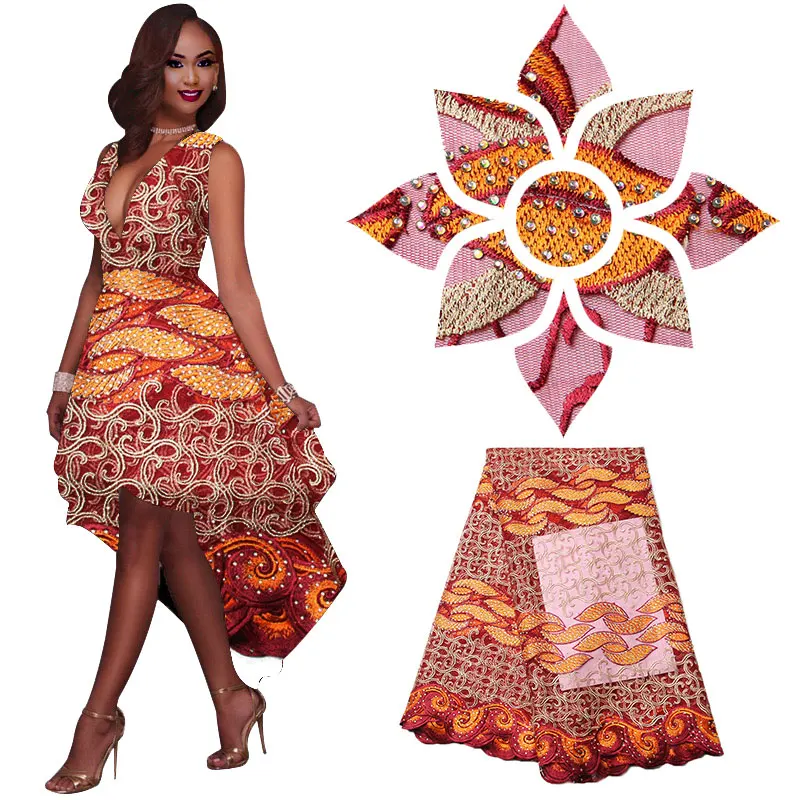 Tecido de renda líquida africano vestido de noiva, cor laranja nigéria ...