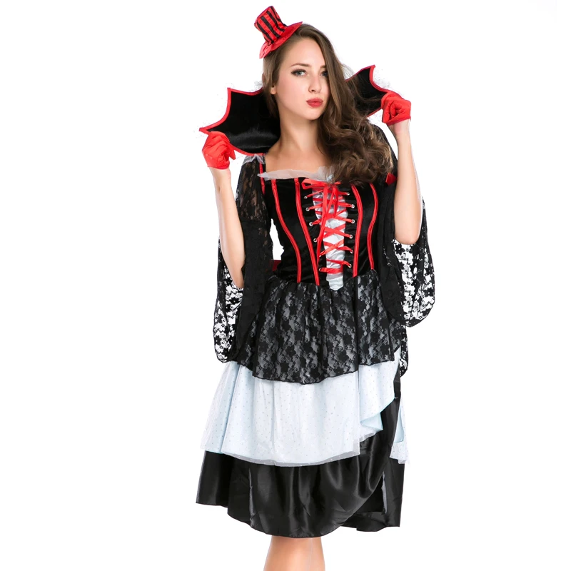 New Gothic Evil Vampires Costume Sexy Adult Halloween Cosplay Lace Patchwork Fancy Dress Devil
