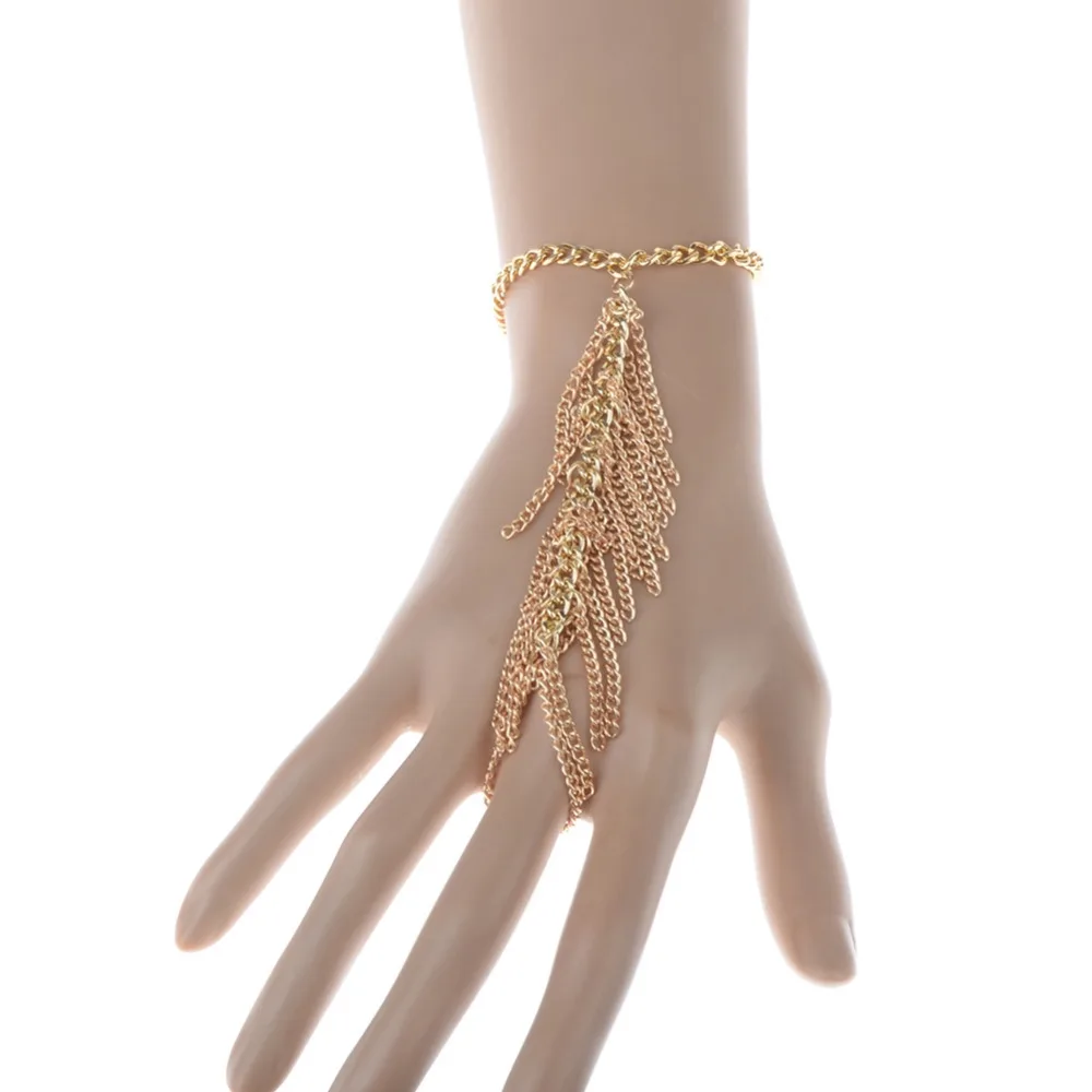 Fashion Woman Chain Link Finger Ring Gold Color Bracelet Tassel Hand ...