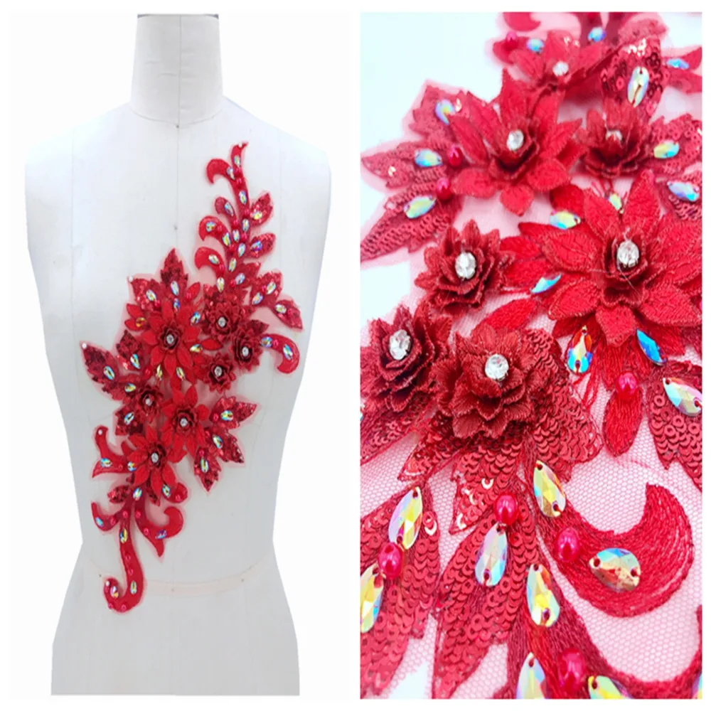 Three-dimensional Red Lace Applique With Handsewing Beads Rhinestones ...