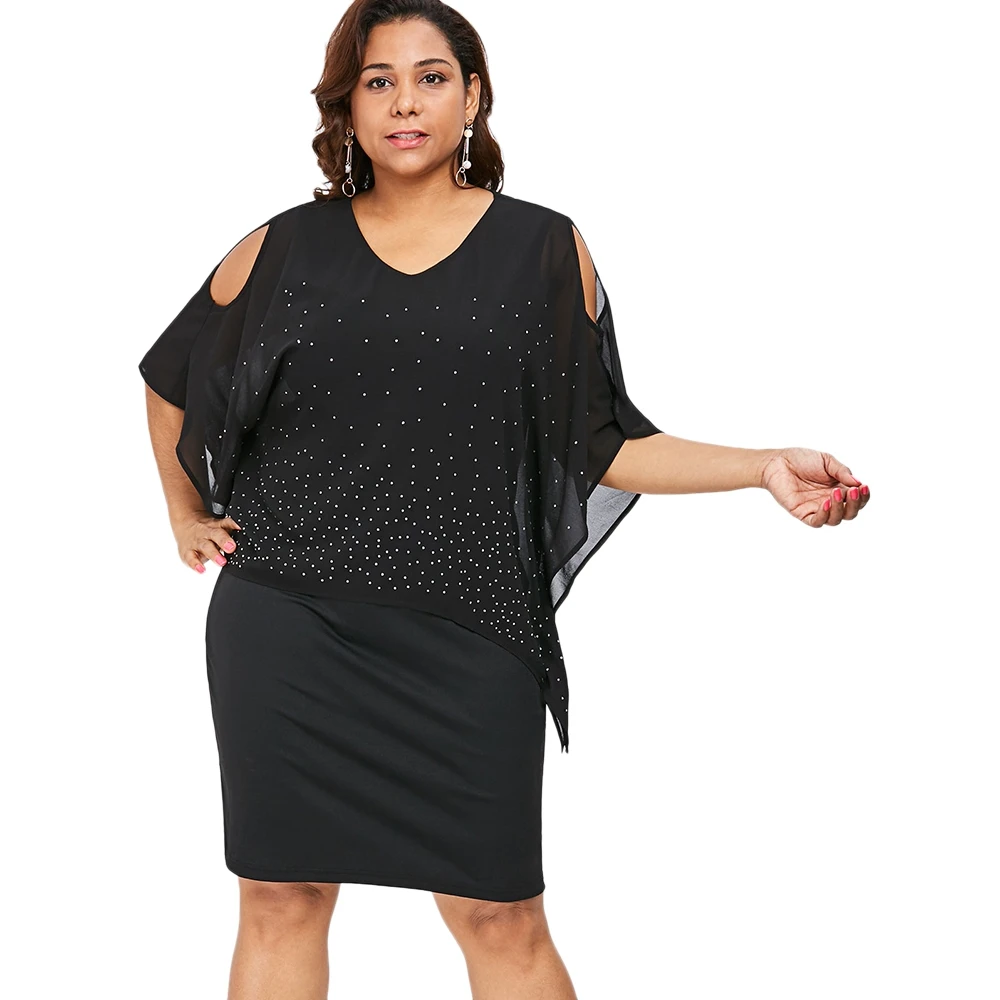 5xl Plus Size Cold Shoulder V Neck Overlay Dress Women 3 4 Sleeve Dot