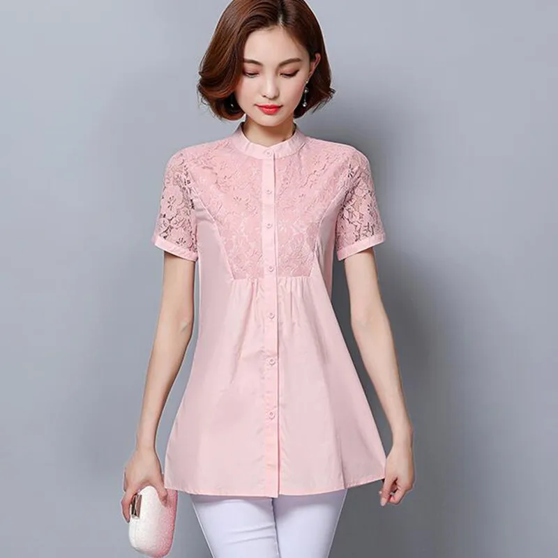 Women Sweet Cute Pink Lace Blouse Ladies Stand Collar Short Sleeve Lace ...