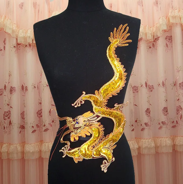 1pcs30*48cm Chinese Element Gold Dragon Embroidered Shiny Sequins ...