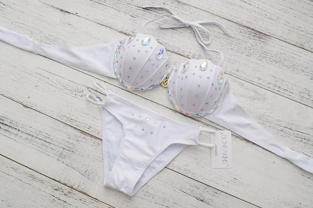 Handmade Sew Rhinestone Swimsuits Crystal Bikinis Set Swimwear Push Up