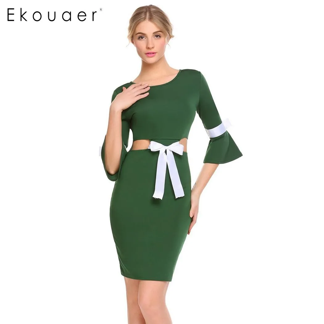 Ekouaer Elegant Women Dresses V Neck 3 4 Flare Sleeve Patchwork Package