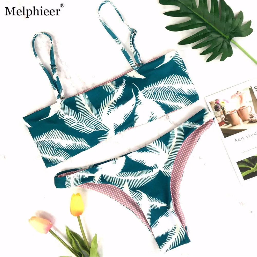 Lady Green Bandeau Print Bikini 2018 Reversible Bikinis Sexy Push Up