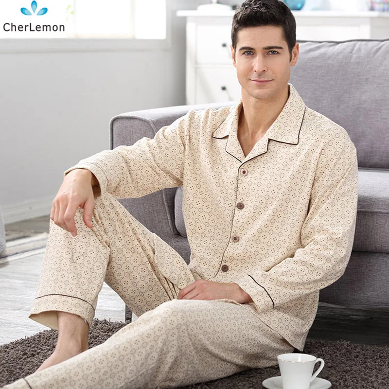 Cherlemon 2017 New Mens Spring Autumn Long Sleeved Cotton Pajama Set