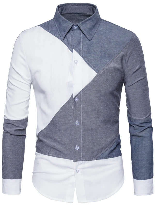 Men Shirt 2018 Spring Turndown Collar Color Block Panel Shirt Business ...
