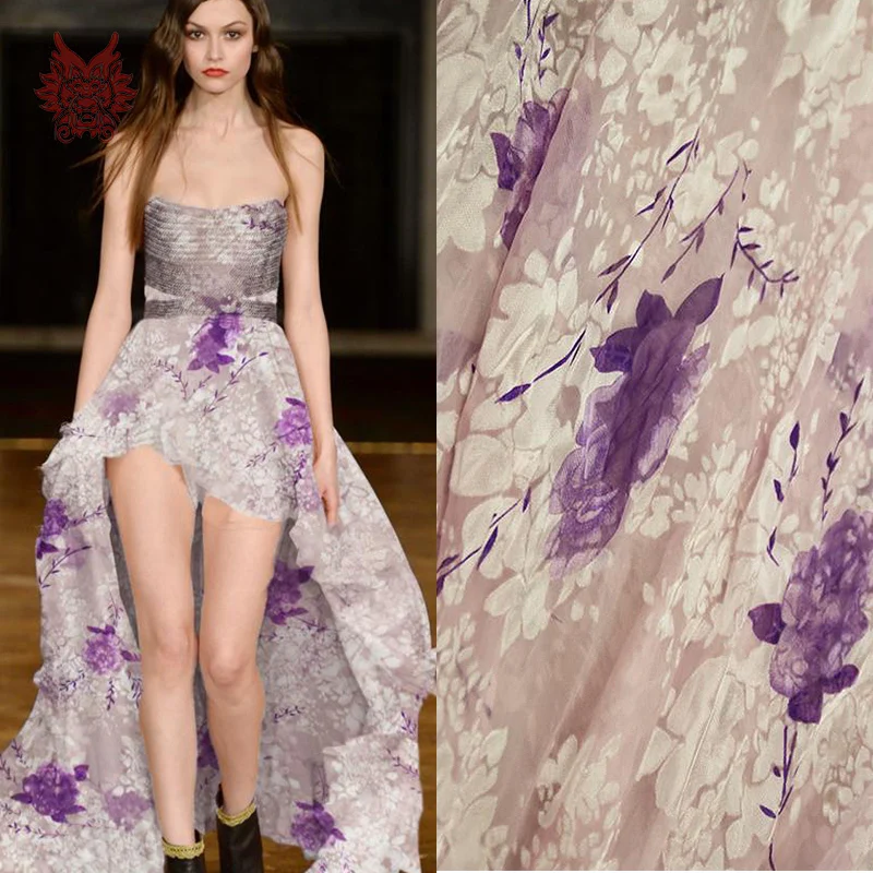 Designer Elegant White Polyester Silk Burnout Fabric Purple Floral
