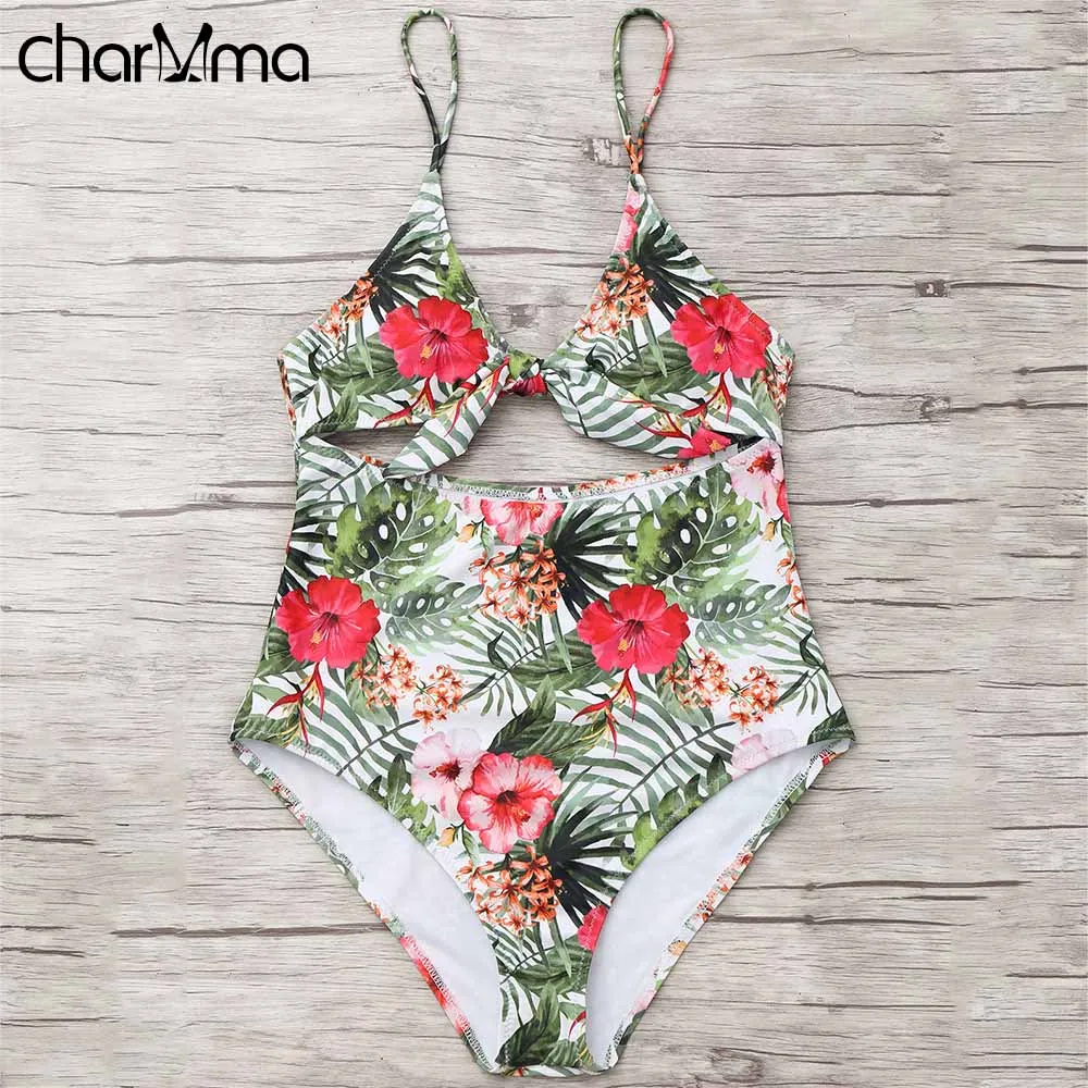 CHARMMA Tied Floral Leaf One Piece Swimsuit Women High Cut Out Swimwear ...