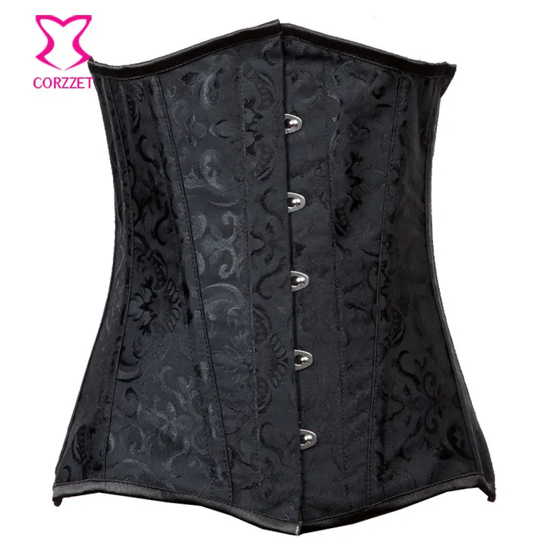 Black Jacquard Floral Flat Steel Boned Corset Underbust Long Waist