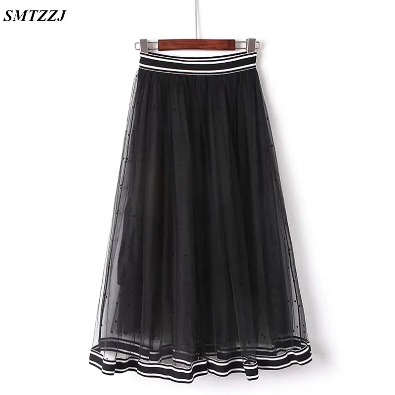 Smtzzj 80cm Pleated Maxi Tulle Skirts Womens Autumn Spring Summer