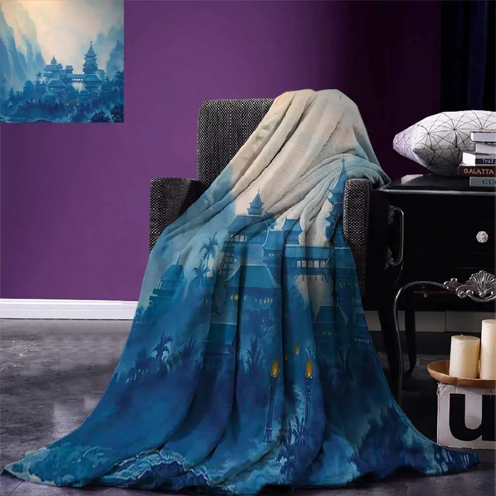 Asian Throw Blanket Chinese Temple Paint Mist with Lanterns at Night ...