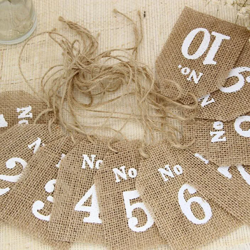 100 Sets Party Number 1-10 Burlap Flags Rustic Jute Table Numbers ...