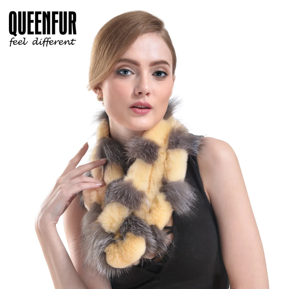 QUEENFUR Real Knitted Rex Rabbit Fur Scarf With Nautral Fox Fur ...