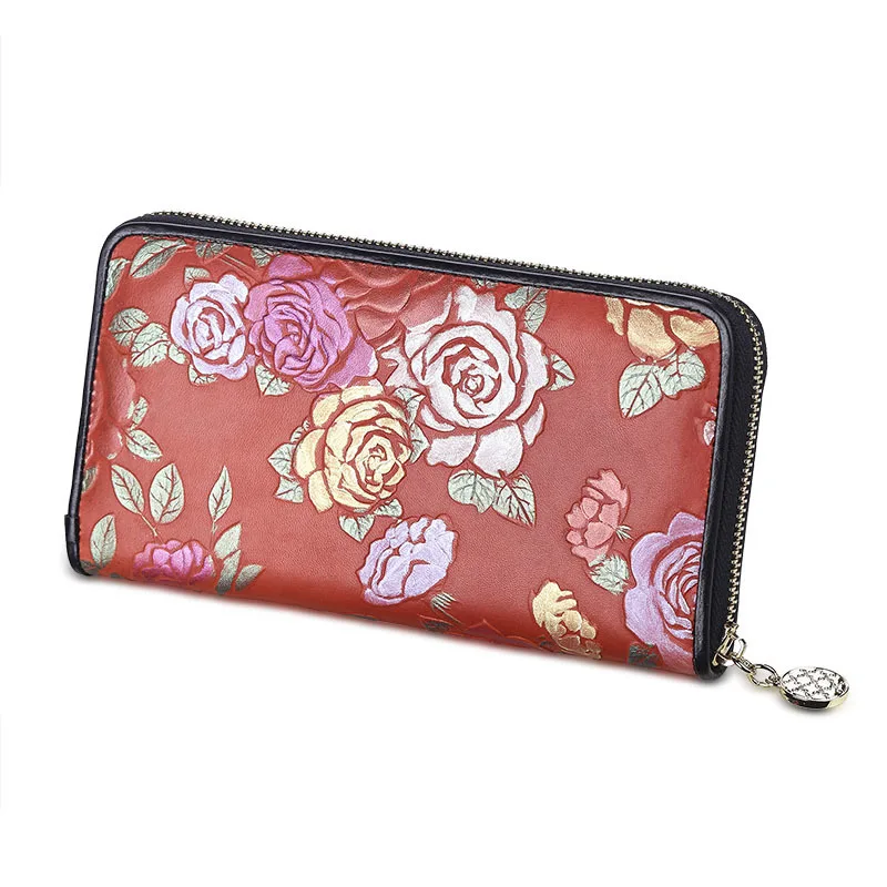 Red Embossed Flower Rose Garden Design Real Genuine Leather Zipper Long ...
