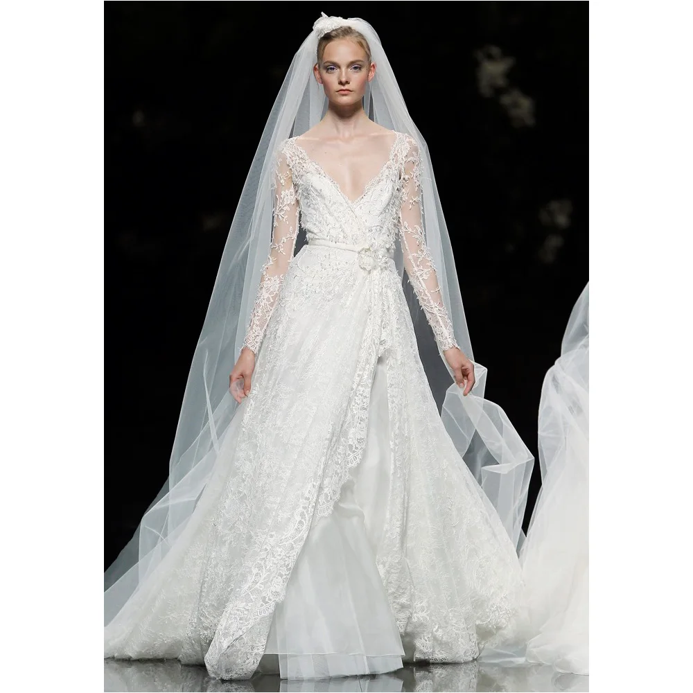 Romance 2016 V Neck Lace A Line Long Sleeve Zuhair Murad Wedding