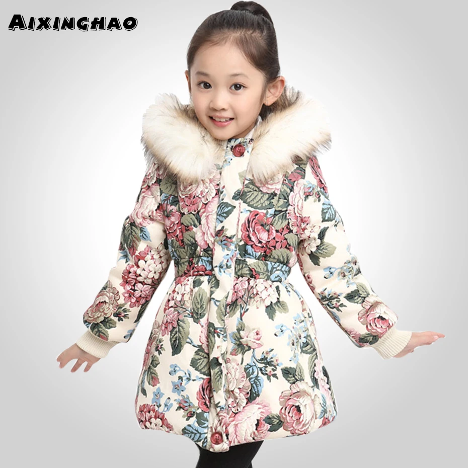 Girls Coats & Outerwear Flower Pattern Girl Coats With Fur Hooded ...