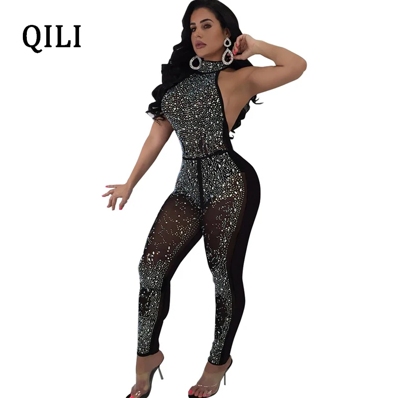 Qili Women Diamond Rhinestone Mesh Jumpsuits Tee Through Halter