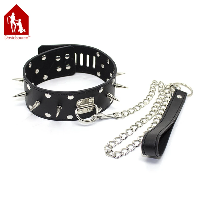 Davidsource Studed Spiked Leather Strap Collar With Metal Chain Rope ...