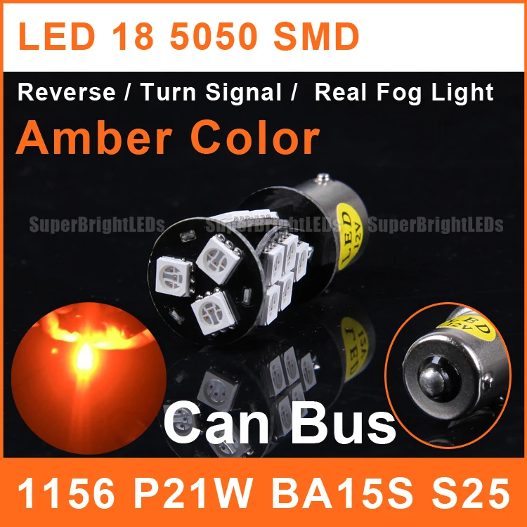 LED Car 1156 BA15S P21W Bulb Can Bus Canbus 18 SMD 5050 12V Amber ...