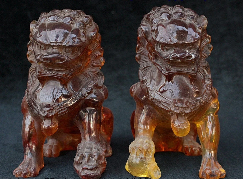 6" China Amber Hand Carved Feng shui Animal Foo Fu Dog Guardion Lion ...
