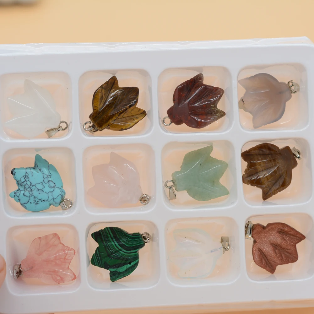 Mix 12pcs a lot Mixed Crystal Carving Leaf Shape Natural Stone Pendant ...