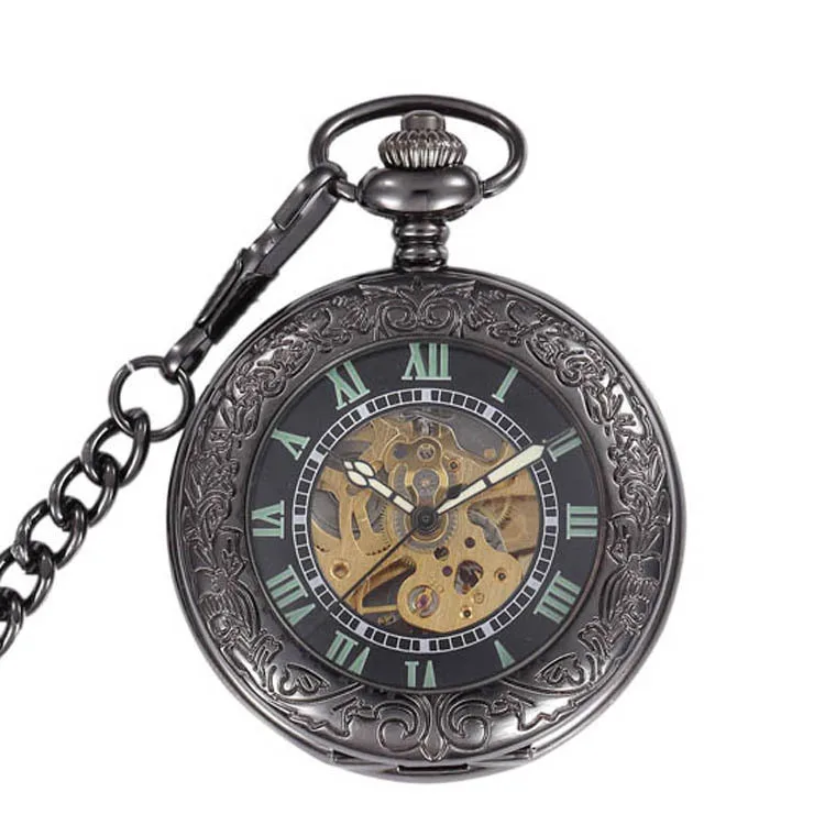 Steampunk Skeleton Black Automatic Mechanical Pocket Watch Men Vintage ...