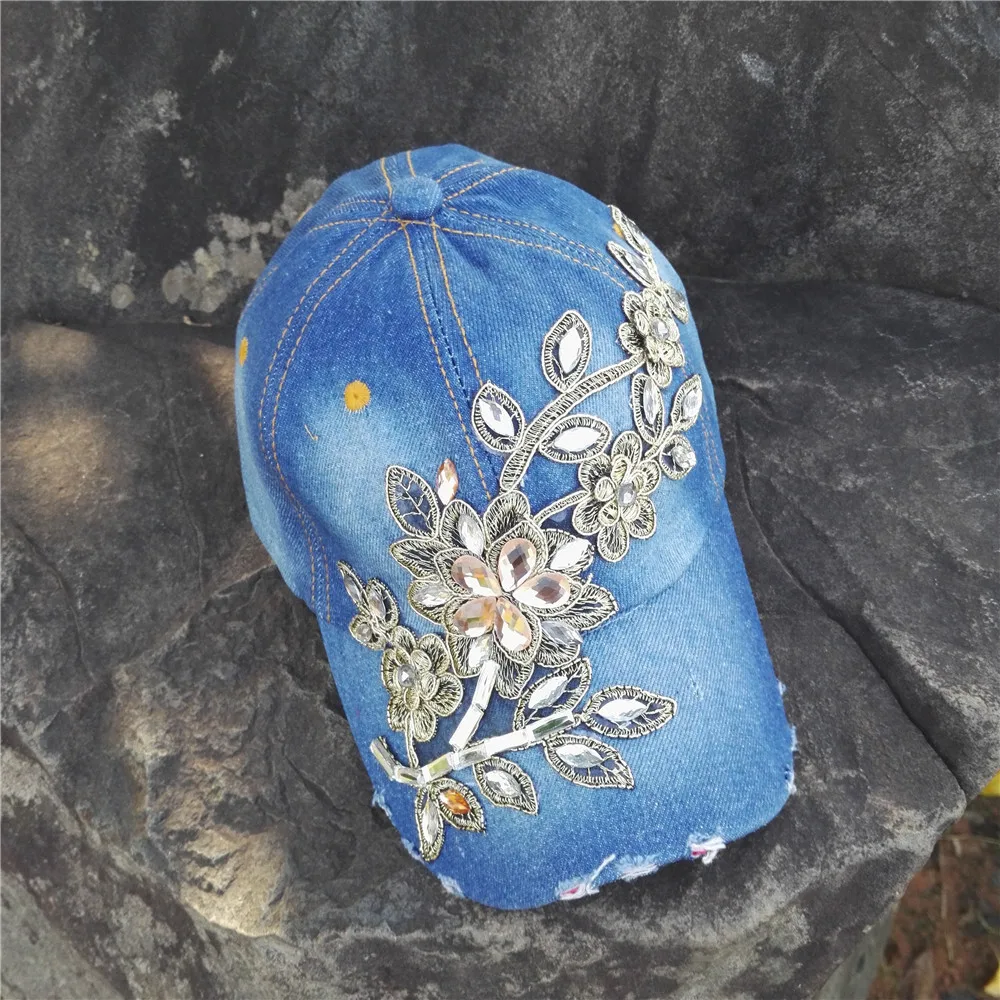 Lgfd772b Women Diy Customize Flower Rhinestone Bling Denim Baseball