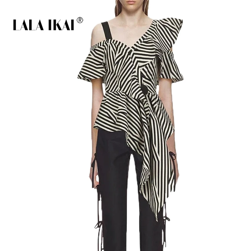 2018 Fashion Striped Asymmetrical Shirts Women Summer Off Shoulder ...