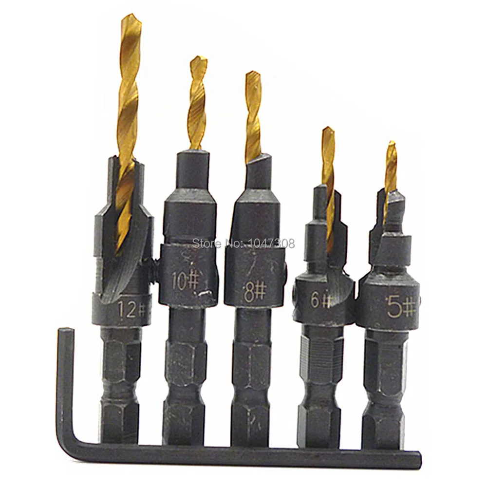 5pcs Titanium Coated Countersink Drill Bit Set #5,6,8,10&12 HSS Quick ...